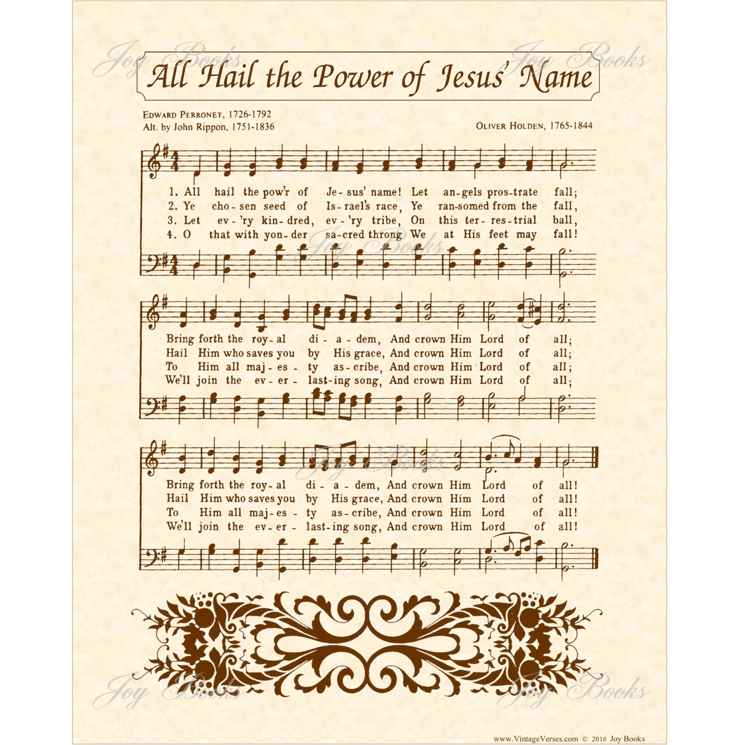 All Hail Power of Jesus Name Hymn Sheet Music Wall Art Download