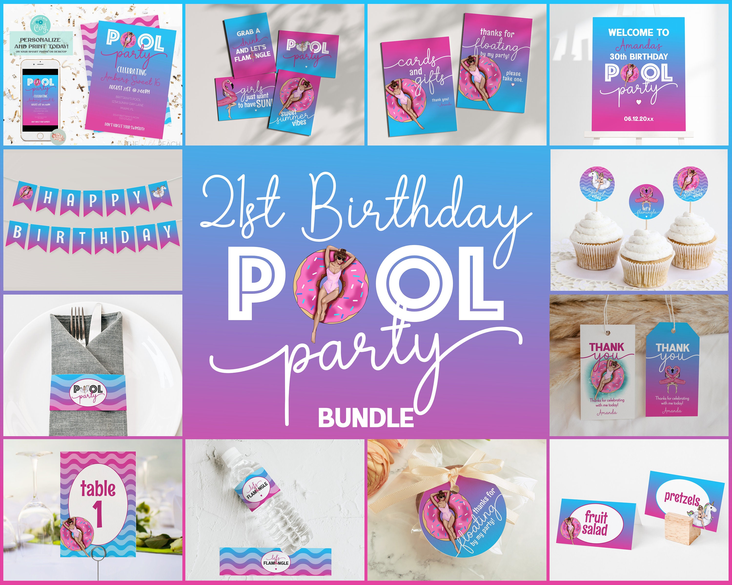 Ombre pool party 21st birthday pool party bundle, summer birthday party ...