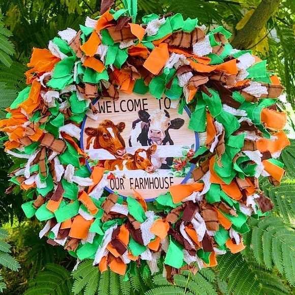Hand Crafted Fabric Rag Wreath, Welcome to Our Farmhouse Cows, Door ...