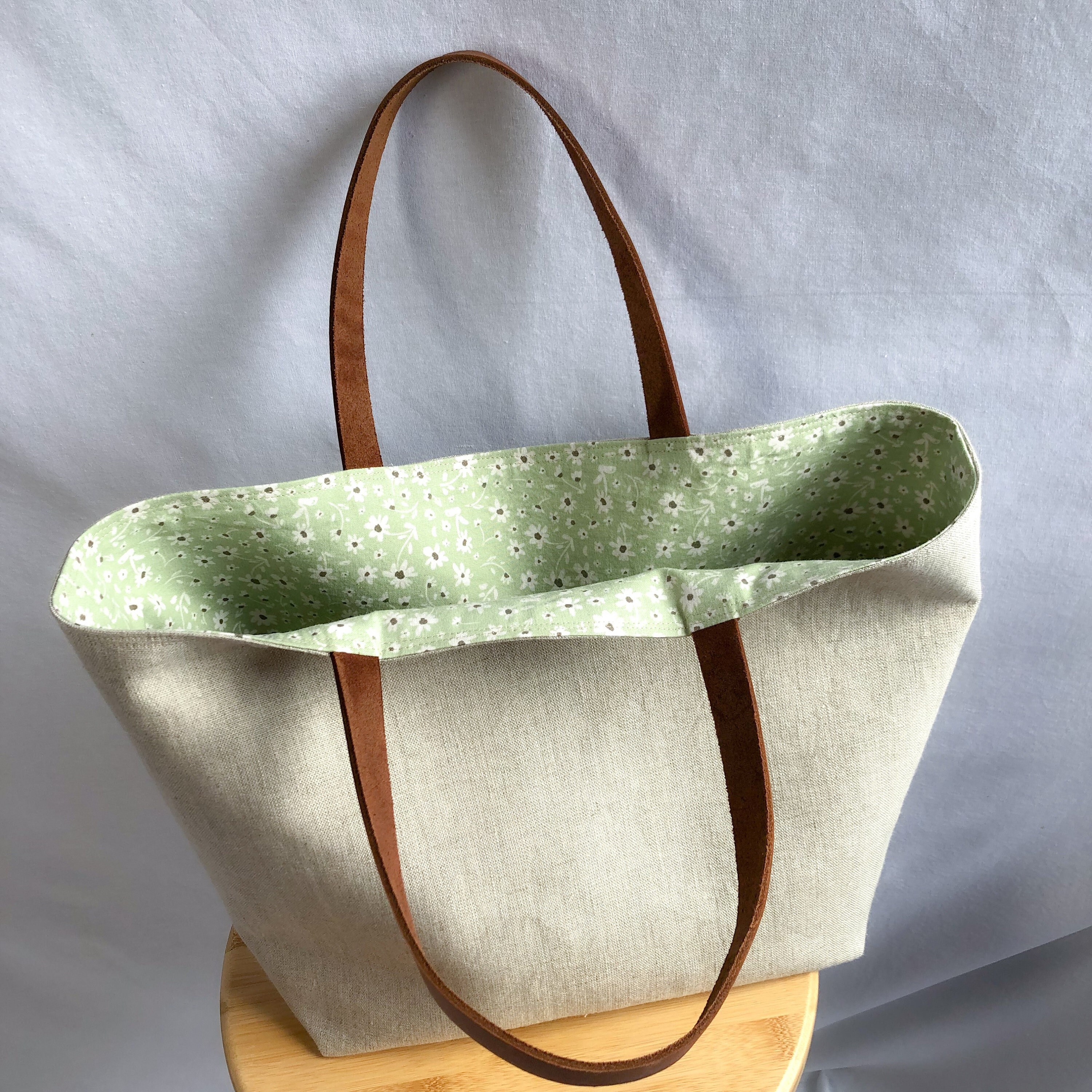 Products :: Natural Linen Tote Bag, Leather Handle Tote, Sage Green ...