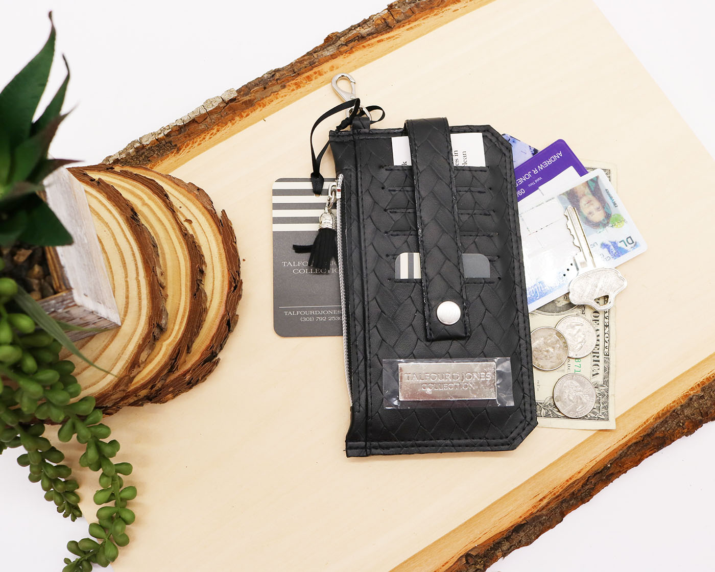 Slim RFID Purse Pal Wallet, Braided Embossed Faux Leather, Black