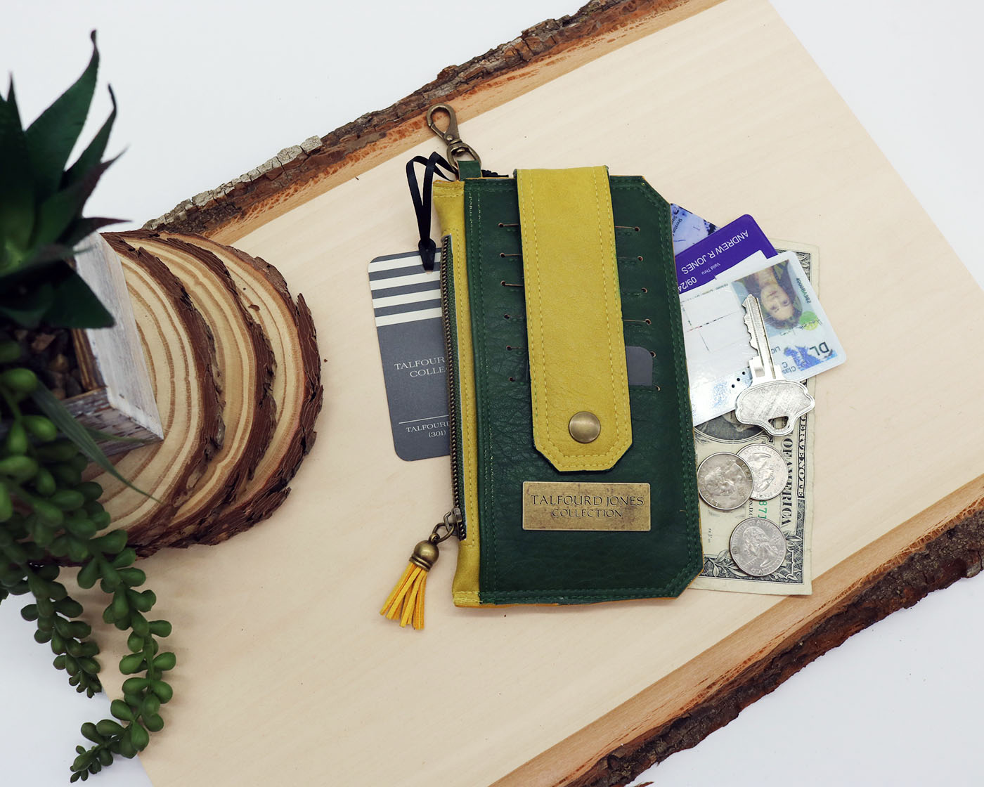 Ladies Slim RFID Purse Pal Wallet, Green and Yellow Faux Leather