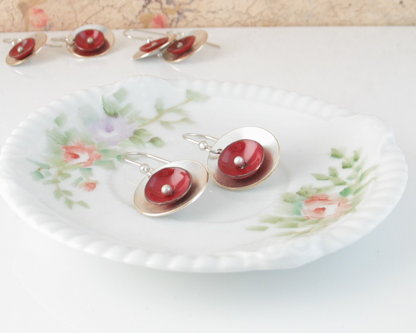 Brushed Silver & Red Copper Enamel Double Disc Earrings
