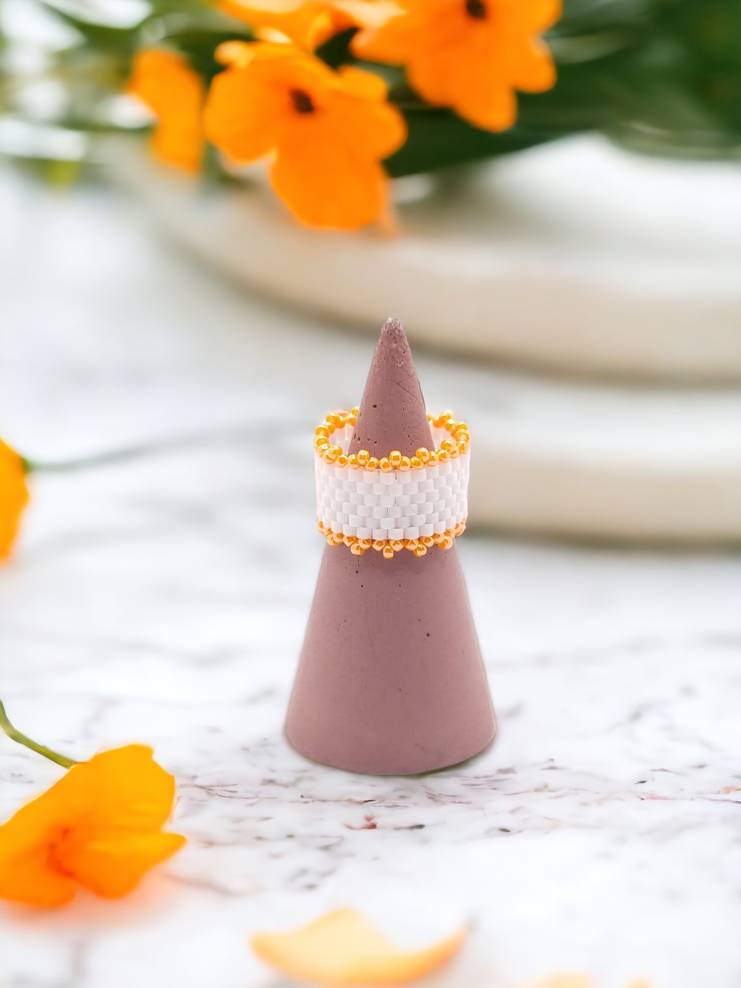 Orange Rim and White Miyuki Beaded Rings