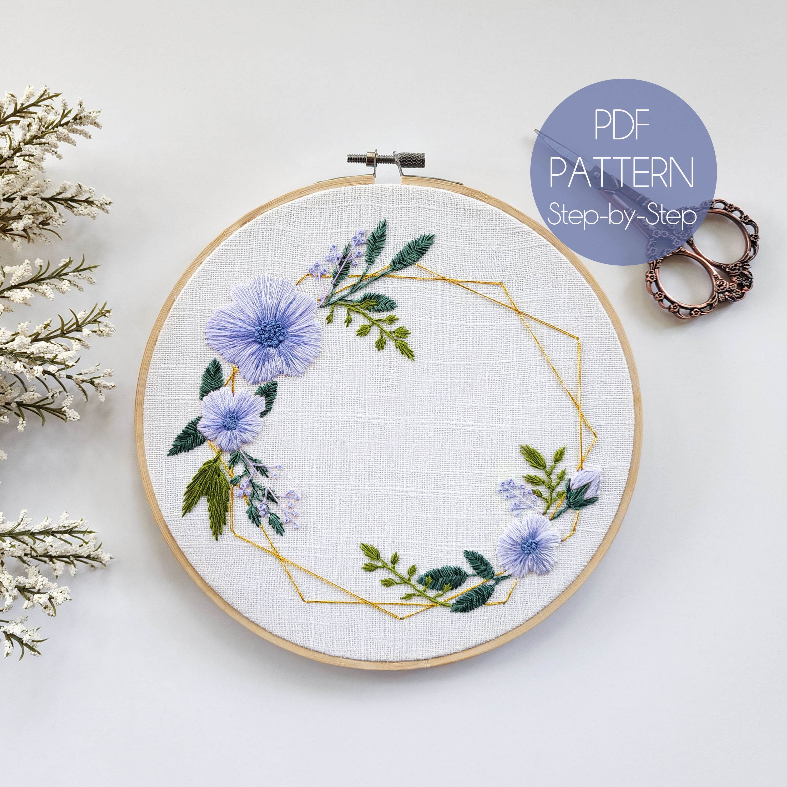 Cornflower Floral Boho Gold Wreath Hand Embroidery Pattern