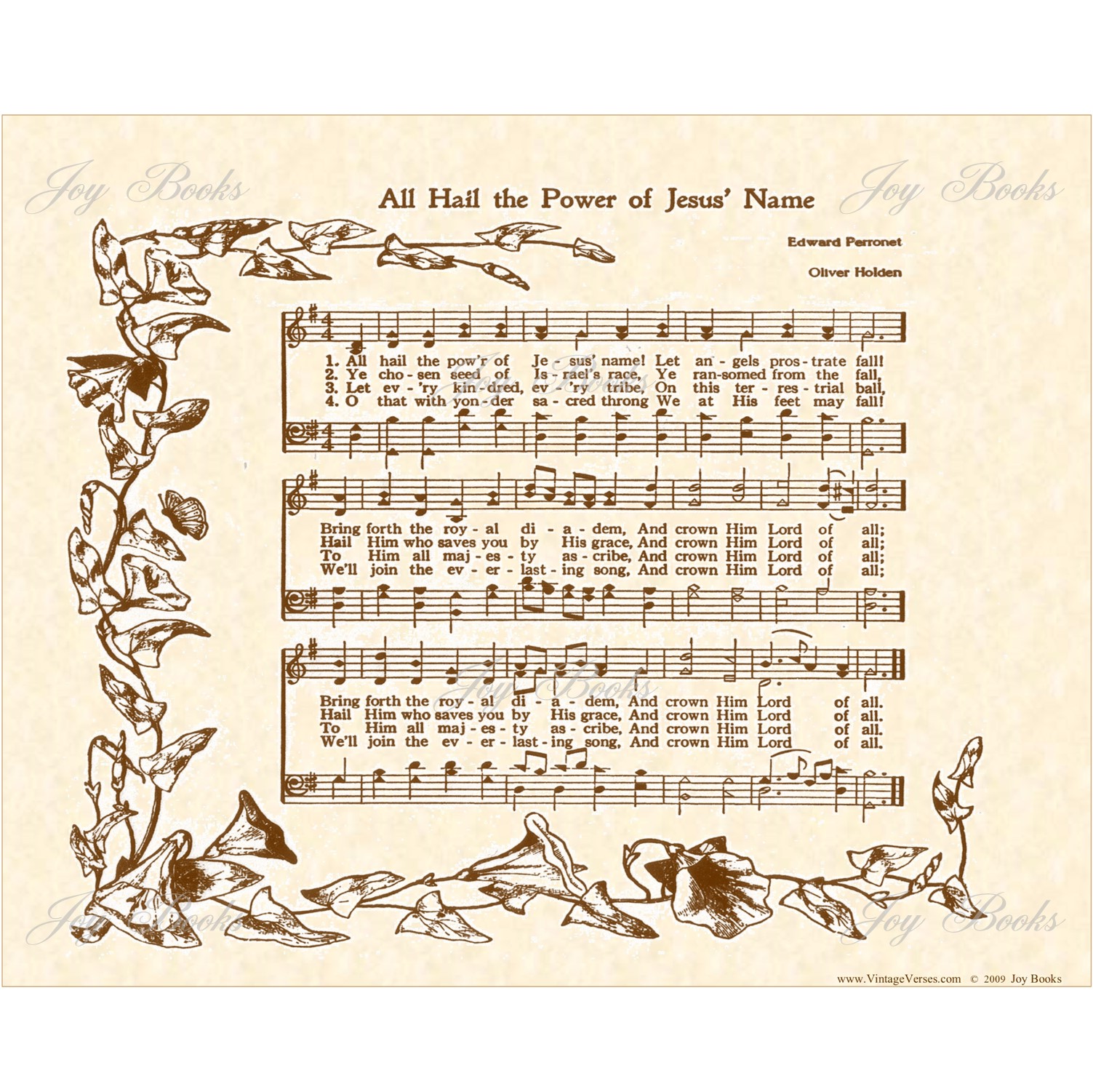 All Hail Power of Jesus Name Hymn Sheet Music Wall Art Download