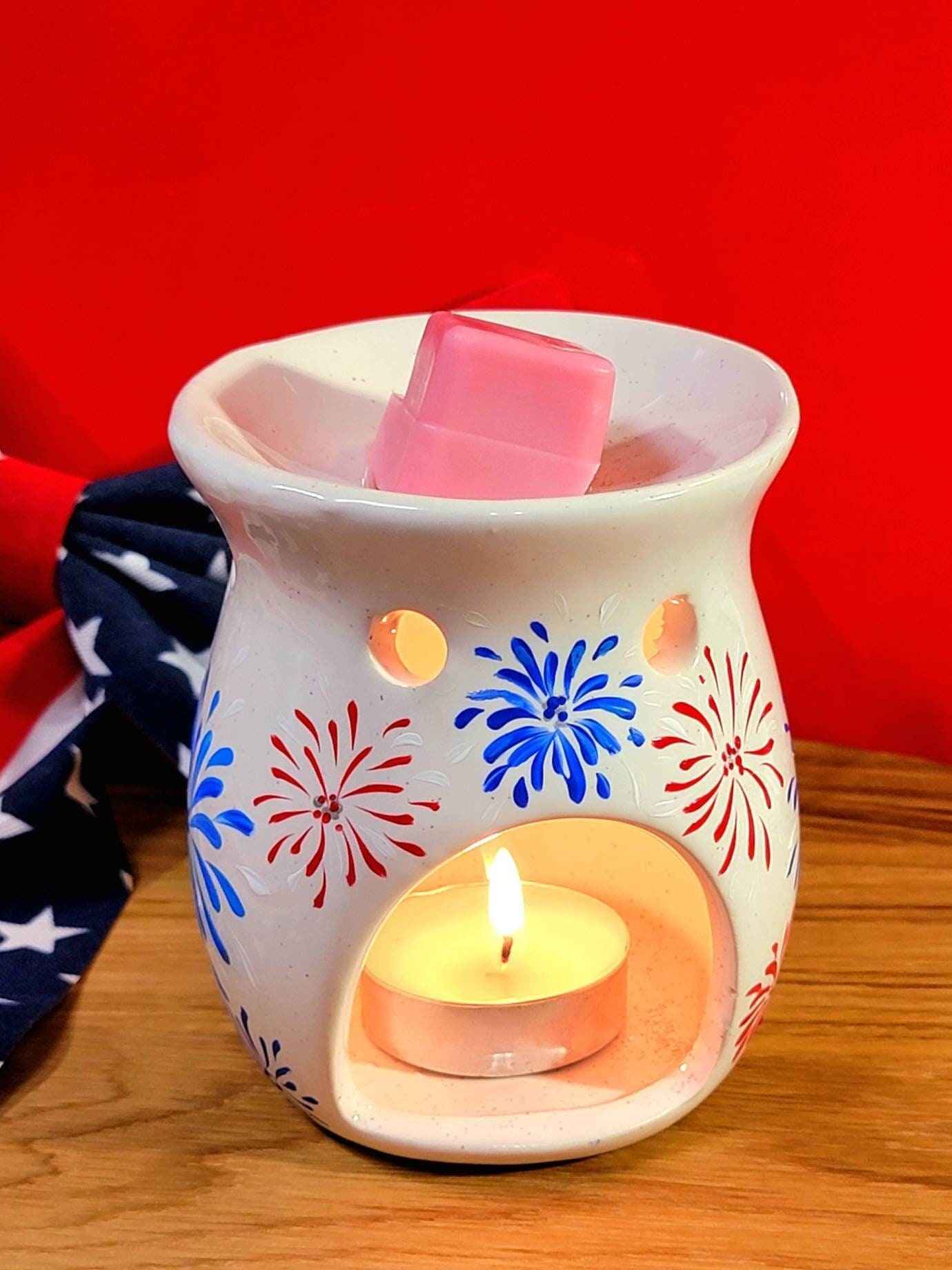 Products :: Hand Painted Patriotic Tealight Wax Melter, Fireworks ...