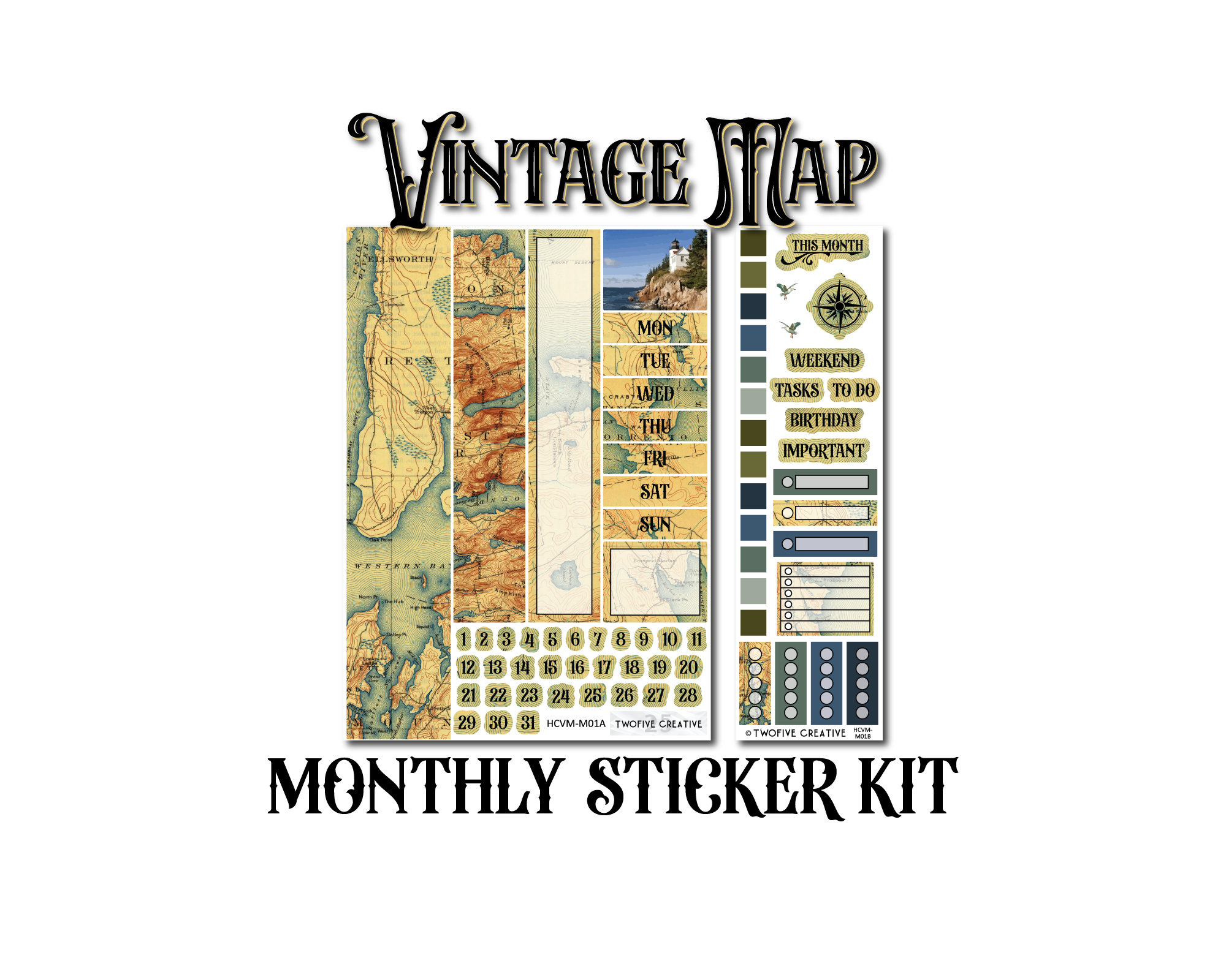 Vintage Map Monthly Sticker Kit - Undated A5 Planner Stickers