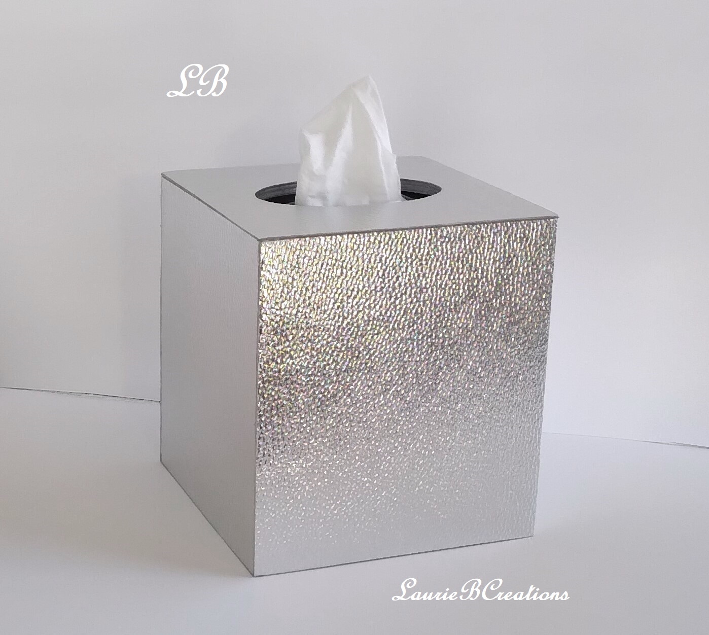 METALLIC SILVER TISSUE BOX COVER - Lychee Textured Vinyl, Faux Leather ...