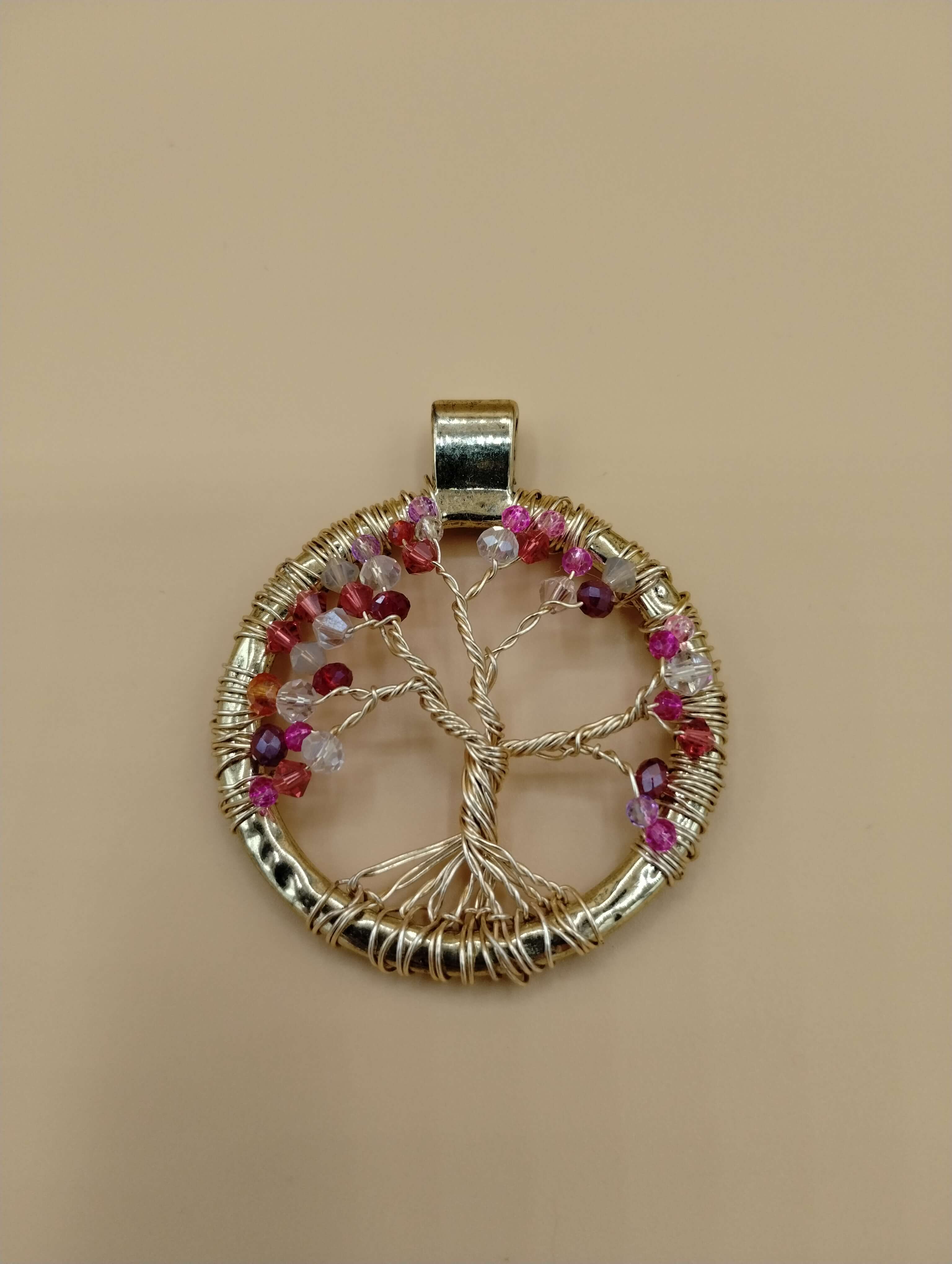 Pink and Gold Wire Tree Pendant