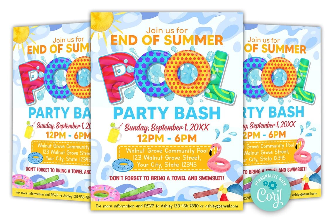 Editable End of Summer School Pool Party Invitation Template
