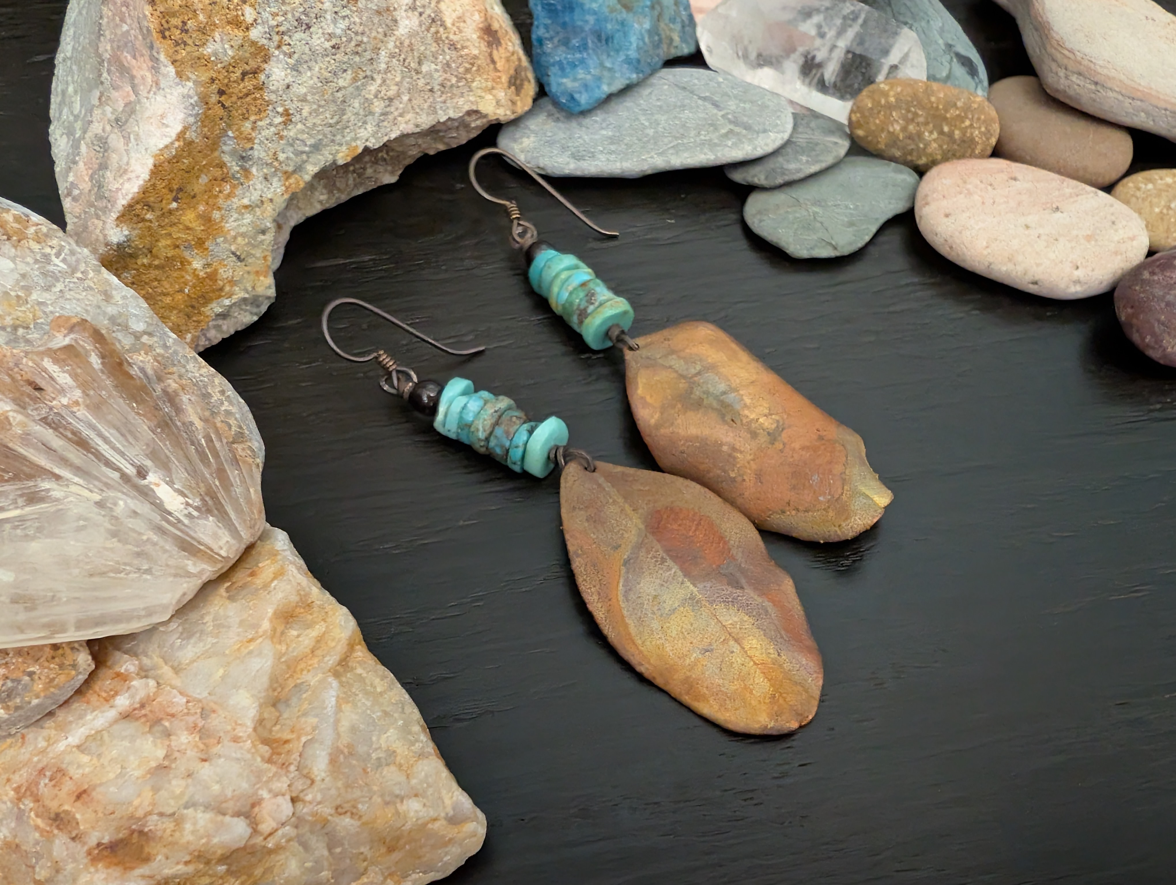 Jewelry :: Earrings :: Turquoise, Garnet, and Copper Leaf Earrings