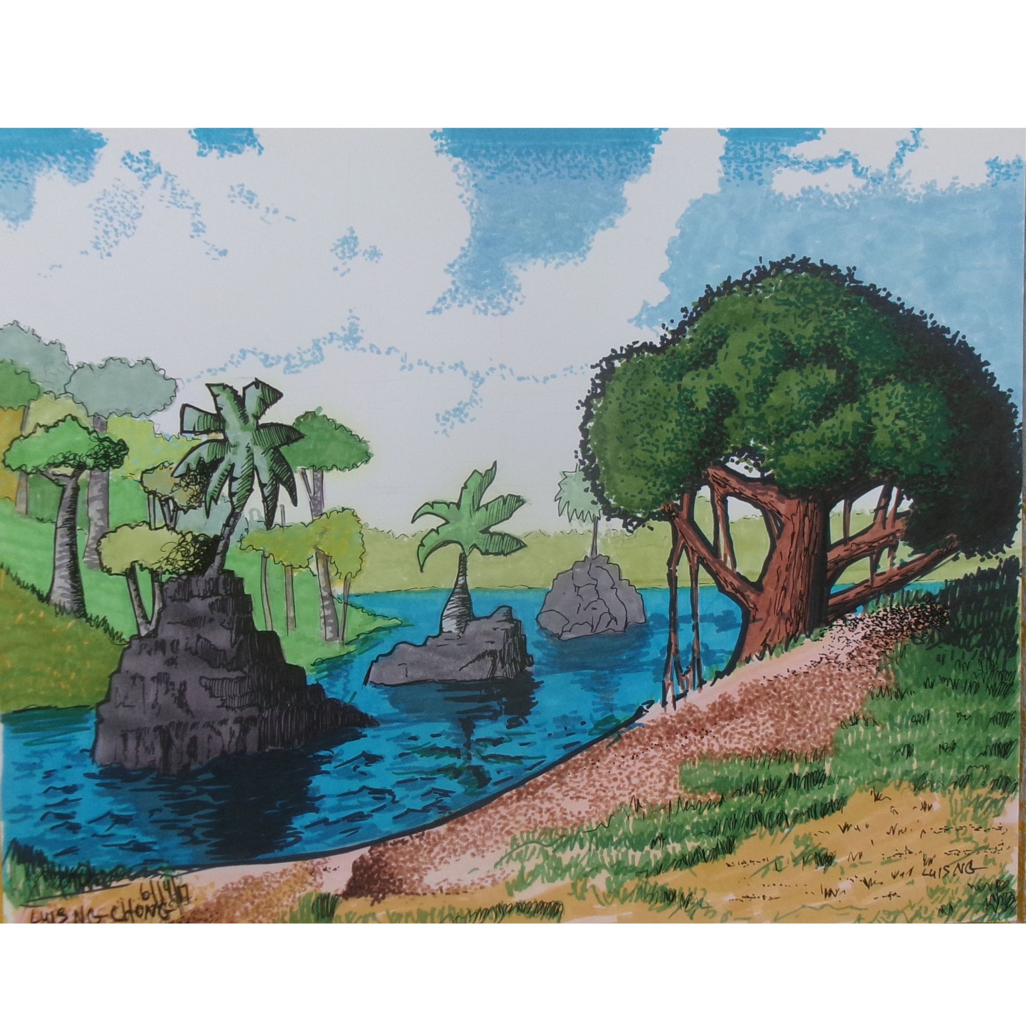 LANDSCAPE ORIGINAL DRAWING, INK COLOR MARKERS, HAND DRAWN