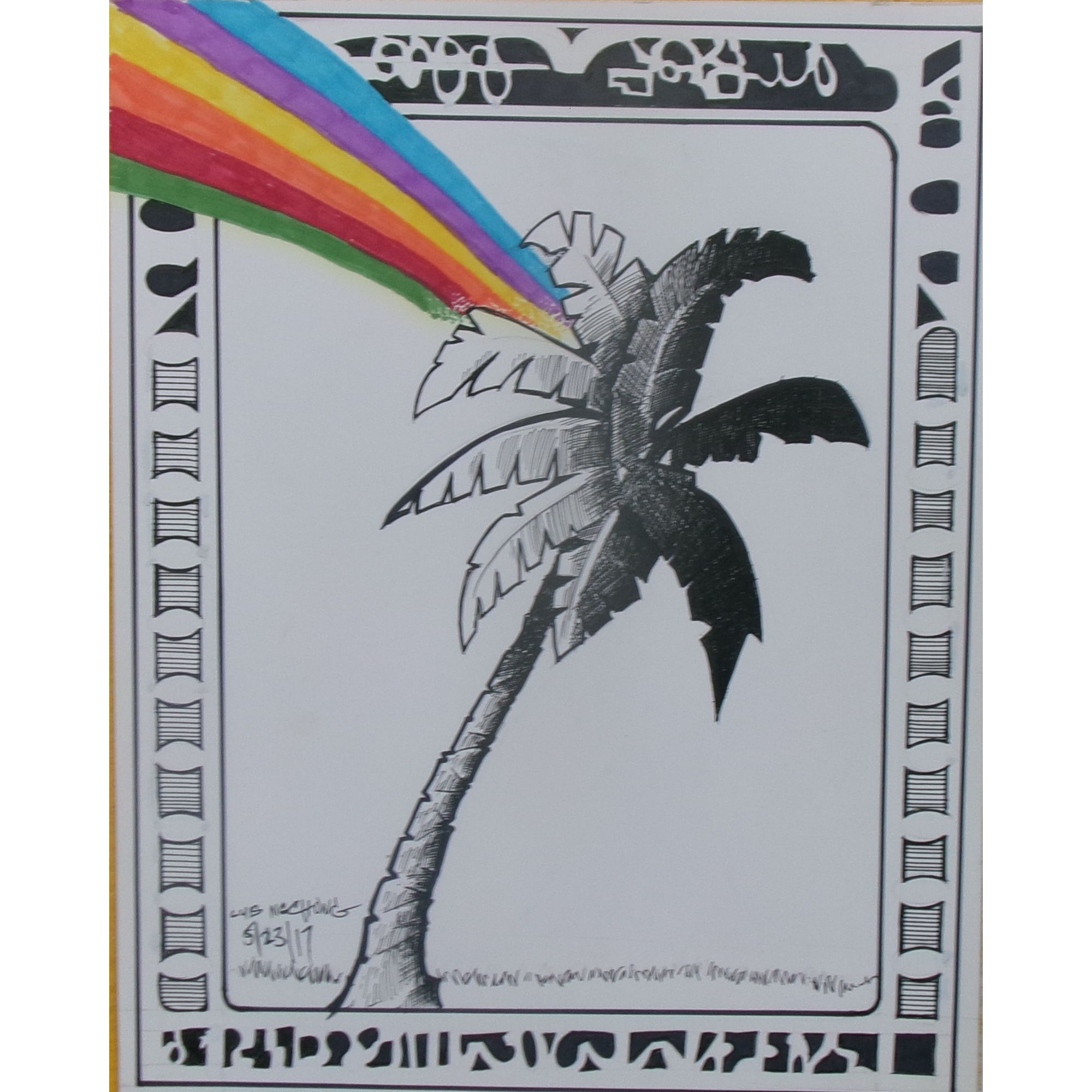 PALM TREE, LANDSCAPE DRAWING, PEN AND INK ART, RAINBOW