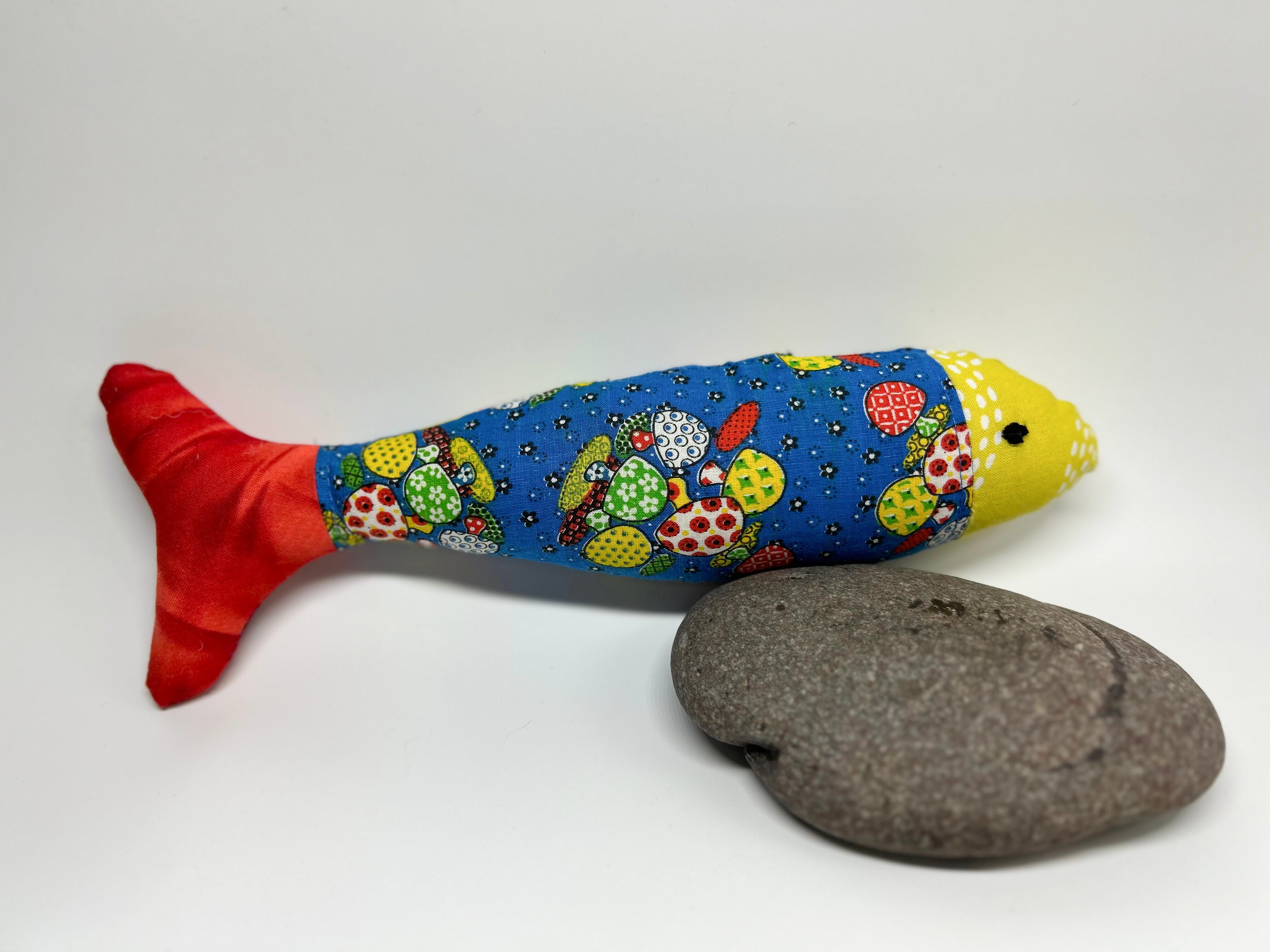 Organic catnip fish toy and cat kicker, retro mushroom pattern