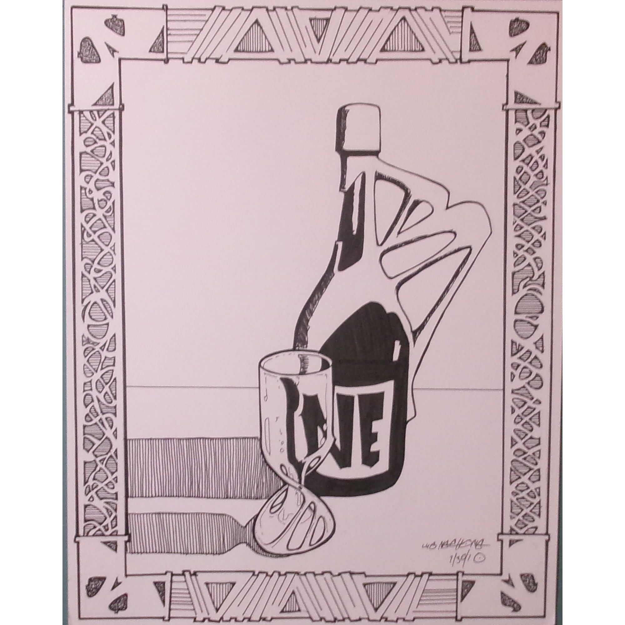 PEN AND INK STILL LIFE DRAWING ON BRISTOL PAPER WINE AND ELEGANCE